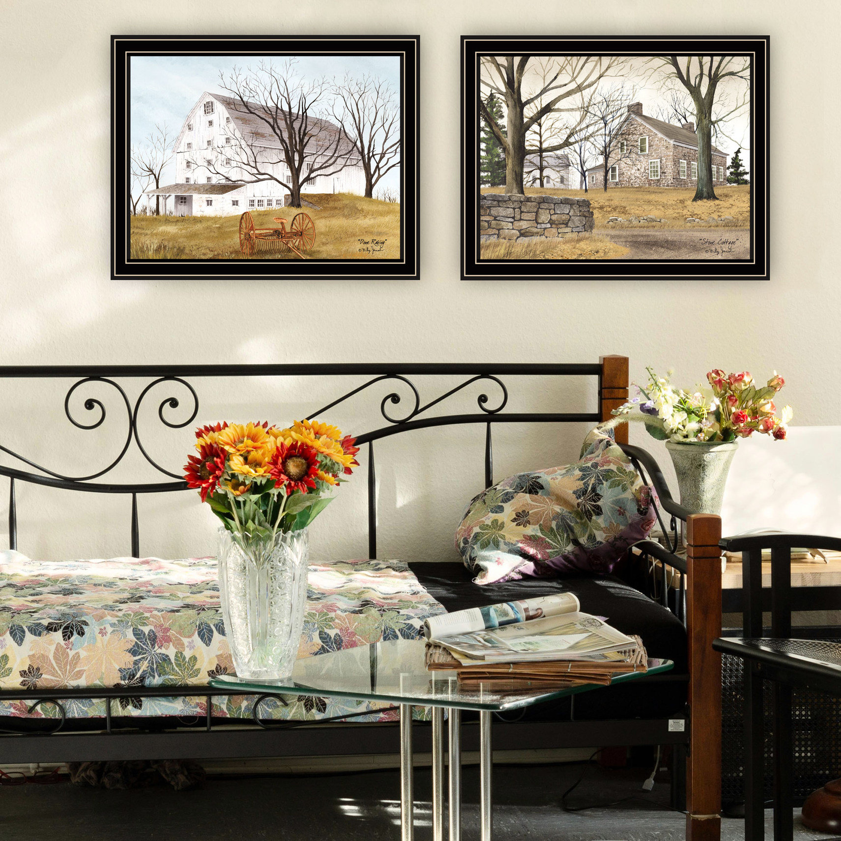 Rosalind Wheeler 2 Wall Art Enchant: Stone Cottage & White Wooden Barn With Hay Rake. Living ...